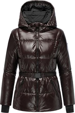 Navahoo Damen Winterjacke gl&auml;nzende warme Steppjacke mit Tailleng&uuml;rtel Eisglanz 14 Choco Gr. XL