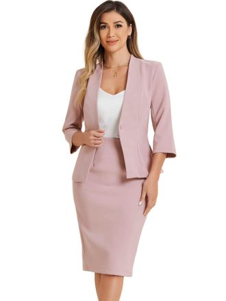 Allegra K Damen Business Rock Anzug Set 2-Teiliges B&uuml;ro Arbeits Outfit Kragenloser Blazer Bleistiftrock Rosa XS