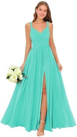 Generic Robe de demoiselle dhonneur en mousseline de soie avec col en V et bretelles spaghetti, longue robe de soirée froncée avec fente, turquoise, 46 Grande