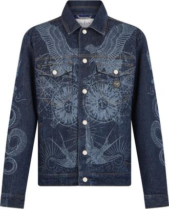 Philipp Plein Homme, Vestes, Bleu, Taille: XL Veste Trucker en jean avec monogramme jacquard