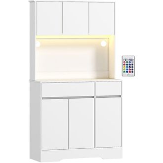 HOMCOM Homcom - Buffet haut armoire cuisine design led 6 portes 4 &eacute;tag&egrave;res 2 tiroirs grand plateau blanc