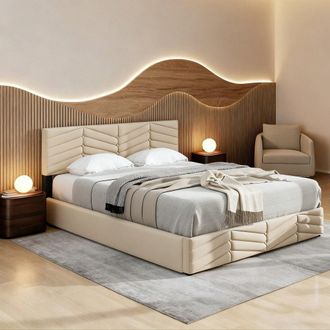 Generic Polsterbett mit höhenverstellbarem Kopfteil und einfacher Montage, 140x200 cm Bett in Beige mit Holländischem Samt, inklusive Lattenrost und Holzverst