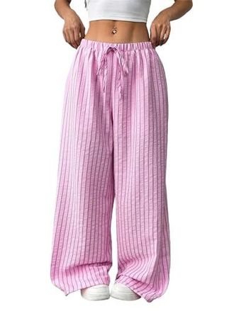 Generic Pantalon d&eacute;contract&eacute; &agrave; rayures pour femme avec cordon de serrage et poches, rose, XXL