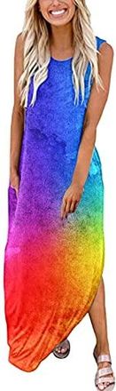 Generic Robe longue d&eacute;t&eacute; 2026 boh&egrave;me pour femme, col rond, sans manches, fendue, longue poche, d&eacute;bardeur de plage, bleu, M