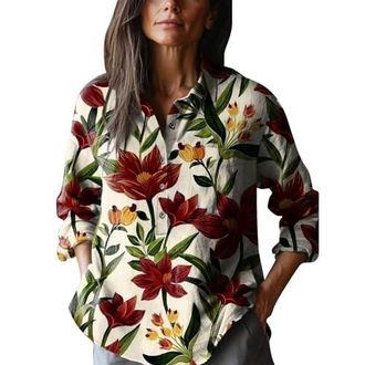 Generico Chemise Femme Curvy &agrave; Manches Longues Blouse Coton Et Lin D&eacute;contract&eacute; Respirant T Shirt Col en V Classique Chemisier Vintage Fantaisie avec Boutons Do