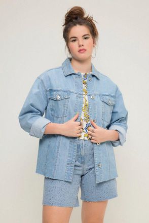 STUDIO UNTOLD Kurzjacke Jeansjacke Boxy Shape Glitzersteinchen Hemdkragen