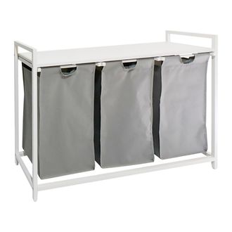 Relaxdays W&auml;schesammler mit 3 W&auml;sches&auml;cke, 150 L, Holzoptik Ablage, HBT: 73,5 x 109,5 x 33 cm, W&auml;schekorb, grau/wei&szlig;