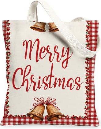 Generic Sacs fourre-tout en toile de vacances, sacs de courses r&eacute;utilisables, motif cloche festive, sac &agrave; provisions rustique, l&eacute;ger et lavable avec bandouli&egrave;