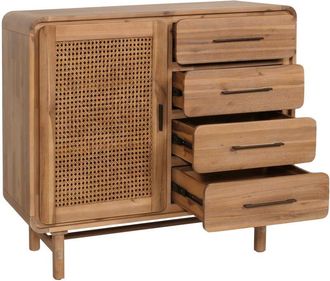 Hhg Kommode HHG 017, Schrank Sideboard Highboard, Staufächer Schublade, Rattan Akazie Massiv-Holz gebeizt 101x109x45cm 44kg