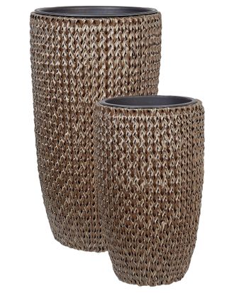 Beliani Blumentopf 2er Set Rattan braun rund hoch Outdoor & Indoor mit Innentopf Cedrus