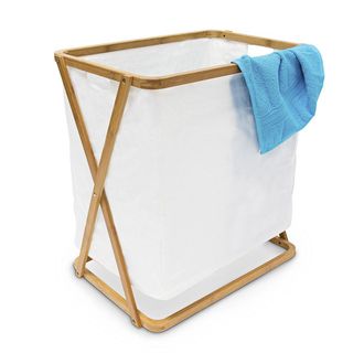 Relaxdays W&auml;schesammler LINEA Bambus H x B x T 55x52,5x35,5cm als rechteckige W&auml;schebox zur Aufbewahrung von Kleidung, Textilien als offener W&auml;schepuff mit Stof