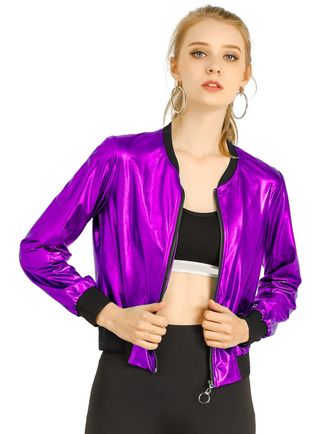 Allegra K Damen Bomberjacke Rei&szlig;verschluss Langarm Party Leicht Streifen Metallic Jacke Dunkelviolett XXL