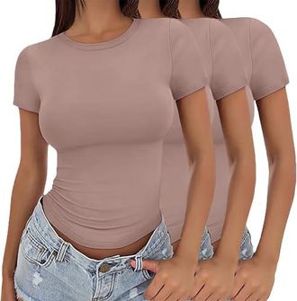 Generic Lot de 3 t-shirts &agrave; manches courtes pour femme - Maillot de corps basique court - T-shirts d&eacute;t&eacute; Y2K - Couleur unie - Coupe ajust&eacute;e - Pour adolescentes