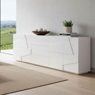 Dmora Kommode Mason, K&uuml;chen-Sideboard mit 4 T&uuml;ren und 3 Schubladen, Wohnzimmer-Buffet, 100 % Made in Italy, 224 x 44 x 86 cm, gl&auml;nzendes Wei&szlig;