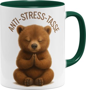 OM3 B&auml;rchen Anti-Stress Kaffee-Tasse - S&uuml;&szlig;e B&auml;r Keramiktasse mit Namaste Motiv - Keramik Becher - 325ml - Beidseitig Bedruckt - Gr&uuml;n