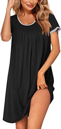 Ekouaer Chemise de Nuit Femme Grande Taille Casual Robe de Nuit Manches Courtes Nuisette Sexy Sensuelle Devant Plissé Doux, Noir, XL