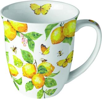 Ambiente gro&szlig;e Kaffee Tee Porzellantasse Henkelbecher 0,4 l Zitronen Mediterran fresh lemons Fine Bone China Porzellan