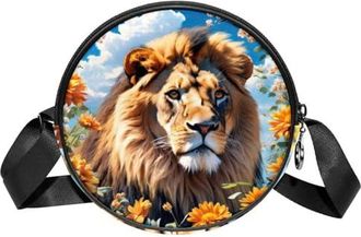 Generic Petit sac &agrave; bandouli&egrave;re circulaire pour femme, motif fleur de lion, sac &agrave; dos avec fermeture &eacute;clair, bretelles r&eacute;glables, sac &agrave; main rond d&eacute;contract&eacute; 