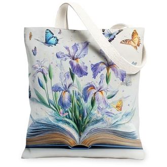 Generic Sac fourre-tout en toile avec iris printaniers pour le shopping, 33 x 38 cm, sac d&eacute;picerie r&eacute;utilisable pour femme, peinture de voyage florale, d&eacute;cora
