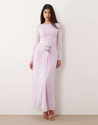 Daska Robe longue &agrave; encolure bateau avec noeud et d&eacute;tail m&eacute;tallique &agrave; lavant - Lilas-Violet