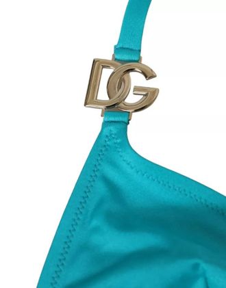Dolce & Gabbana Womens Blue Green Halter Dg Logo Swimwear Beachwear Bikini Top Nylon Elastane