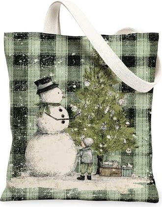 Generic Sacs fourre-tout en toile motif bonhomme de neige dhiver, sacs d&eacute;picerie r&eacute;utilisables, l&eacute;gers et lavables avec bandouli&egrave;re, Vert, 13x15 Inch