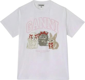 Ganni Femme, Tops, Blanc, Taille: 38 FR T-shirt Blanc Imprim&eacute; Animaux