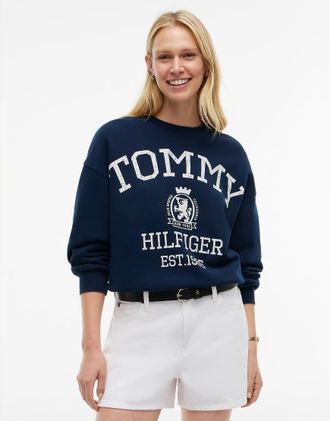 Tommy Hilfiger Locker geschnittenes Sweatshirt in Dunkelblau mit Wappenlogo und Kordelzug am Saum