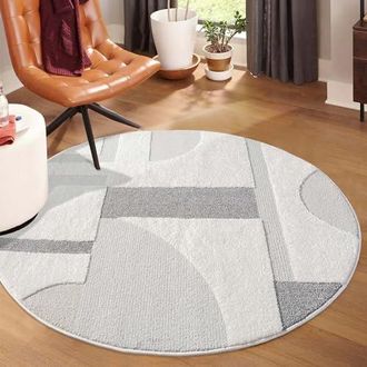 Carpet City Tapis à poils courts gris, crème, 200 cm, rond, motif profond, effet 3D, motif géométrique, revêtement de sol, décoration de chambre à coucher