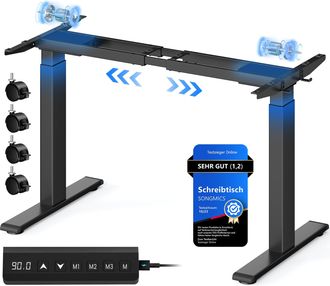 Songmics H&ouml;henverstellbarer Schreibtisch elektrisch, Schreibtischst&auml;nder, Doppelmotor, mit Haken, stufenlos verstellbar, Memoryfunktion, Stahl, schwarz LSD019B
