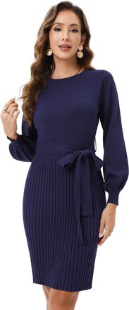 KOJOOIN Strickkleid Damen Langarm Pulloverkleid Casual Winterkleid Elegant Tunika Pullikleid Mit G&uuml;Rtel