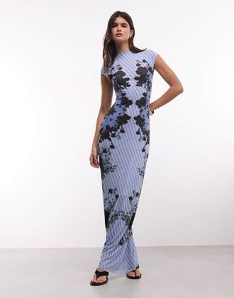 AFRM Mylo Mesh-Maxikleid mit Rundhalsausschnitt, Kappen&auml;rmeln und blauem Rosenprint