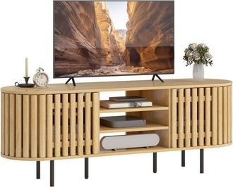 HOMCOM Meuble TV - HOMCOM - pour t&eacute;l&eacute;viseur jusqu&agrave; 60 pouces - 2 portes et 3 niches - panneau de particules - 140x40x52cm - bois naturel