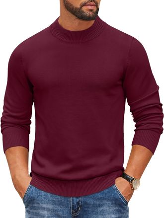Coofandy Herren Pullover Rundhals Langarm Rollkragenshirt Gestrickt Rollkragenpullover Mock Turtleneck Sweater Leicht Strickpullover Dunkelrot 3XL