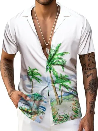 Barry.Wang Chemise hawaïenne à manches courtes pour homme Motif floral, Fleur blanche verte rose, S