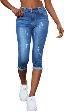 Onsoyours Jean Capri Femme Pantacourt Été Taille Haute Jean 3/4 Décontracté Pantacourt Jeans Casual Jeggings Pants Capri Pantacourt B Bleu Clair XL