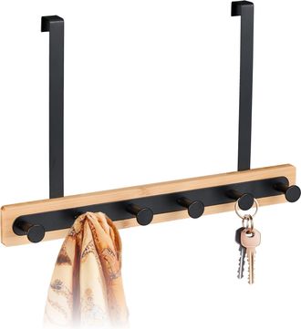Relaxdays Türgarderobe, 6 Haken, Hakenleiste zum Einhängen, für 2 cm Tür, Bambus & Stahl, Kleiderhaken, schwarz/natur