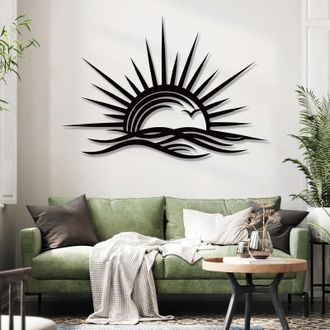 Generic Schwarzes Boho-Wandbild mit M&ouml;wen im Sonnenaufgangs-Stil aus Metall, K&uuml;sten-Wanddeko f&uuml;r Wohnzimmer und Schlafzimmer, Moderne Skulptur mit M&ouml;wen im Bo
