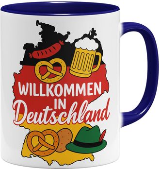 OM3 Einb&uuml;rgerung Geschenk Kaffee-Tasse Herzlich Willkommen in Deutschland - Einwanderung - Keramik Becher - 325ml - Beidseitig Bedruckt - Dunkelblau