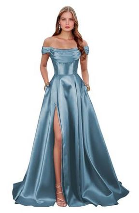 Generic Robes de bal en satin avec fente sans bretelles, corset trapèze, robes de bal à épaules dénudées, longues robes de soirée formelles avec poches, Bleu 