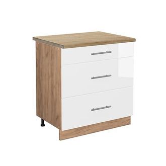 Vicco Meuble Cuisine Fame-Line, Blanc Haute Brillance/Chêne de Force doré, 80 cm avec 3 tiroirs, PT Chêne