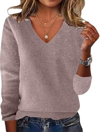 Generic Pull confortable en cachemire pour femme, col en V, automne 2025, d&eacute;contract&eacute;, classique, doux, basique, pull l&eacute;ger et chaud, rose clair, L
