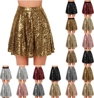 Generic Glitzer Rock Damen Silber Pailletten Rock Gold Metallischer Faltenrock Damen Metallic Rocke Pailletten Mini Pailettenrock Elastische Taille Kurz Glitz