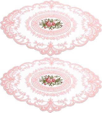 Happyyami DONFAMDS 2 St&uuml;ck Spitze Tischset aus Milchseide 30X43cm Bestickte Dekorative Tischsets f&uuml;r Hochzeit Party und Abendessen Rosa Tischdekoration