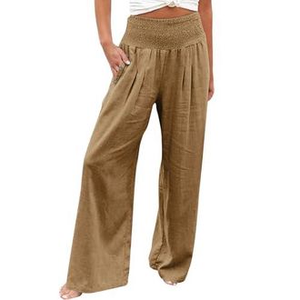 Generic Pantalon en lin pour femme - Pantalon d&eacute;t&eacute; d&eacute;contract&eacute; &eacute;lastique taille haute - Pantalon de plage tendance avec poches - Pantalon d&eacute;contract&eacute; pour fem