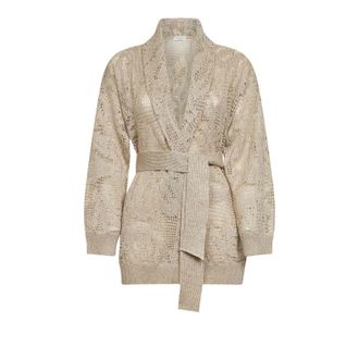 Brunello Cucinelli Femme, Pulls, Beige, Taille: 42 FR Cardigan en maille ajour&eacute;e &agrave; sequins et ceinture