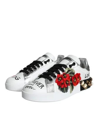 Dolce & Gabbana Womens White Leather Floral Studded Sneakers Shoes