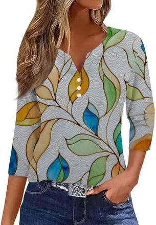 Generic Henley Haut boutonné élégant à imprimé floral pour femme - Haut habillé décontracté pour le travail dété - T-shirt à manches trois quarts - Haut tuniq