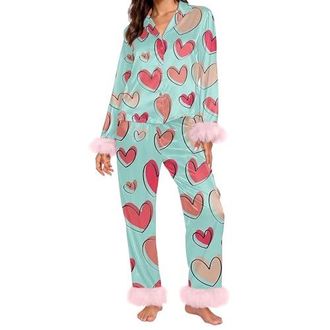 Generic Ensemble de pyjama en satin pour femme - V&ecirc;tement de nuit imprim&eacute; coeur - Haut et pantalon boutonn&eacute;s - Tenue 2 pi&egrave;ces - Pyjama en soie doux et confort