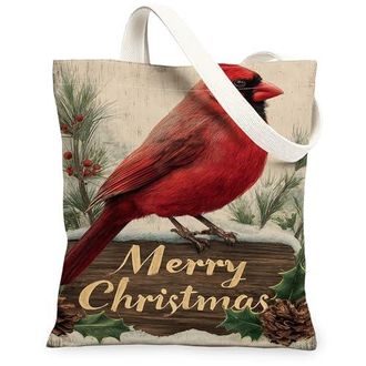 Generic Sacs fourre-tout en toile cardinal de No&euml;l, motif oiseau rustique, sacs d&eacute;picerie r&eacute;utilisables, l&eacute;gers et lavables pour voyage, pique-nique, 33 x 38 